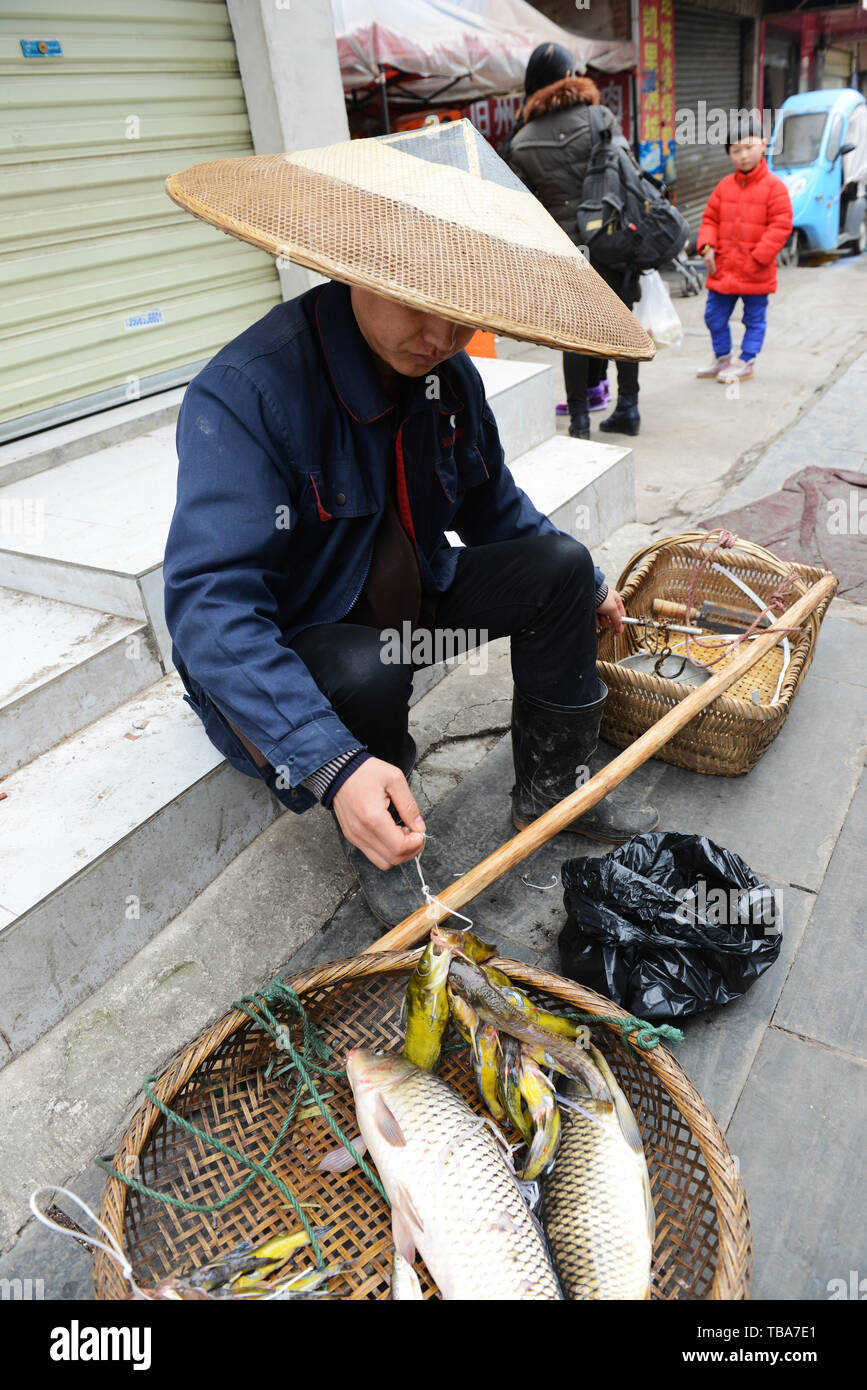 A Chinese man selling fish at the Kaili market in Guizhou Stock Photo ...