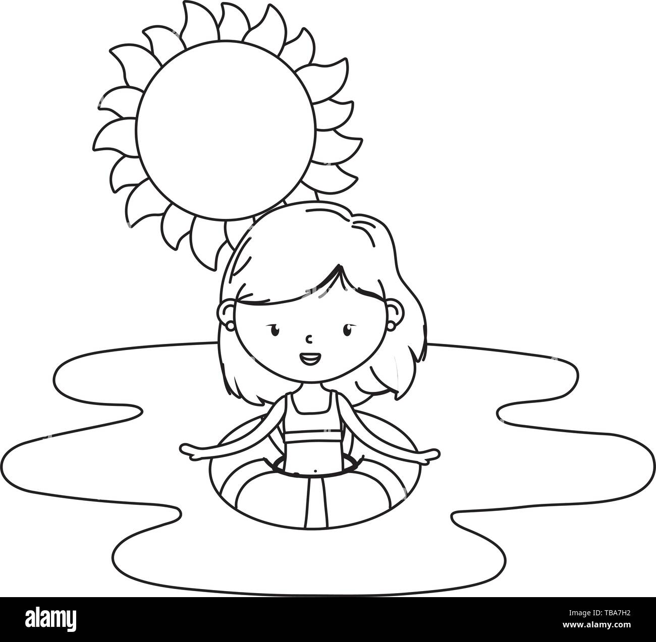 happy girl child with float cartoon into sea summer and travel vector ...