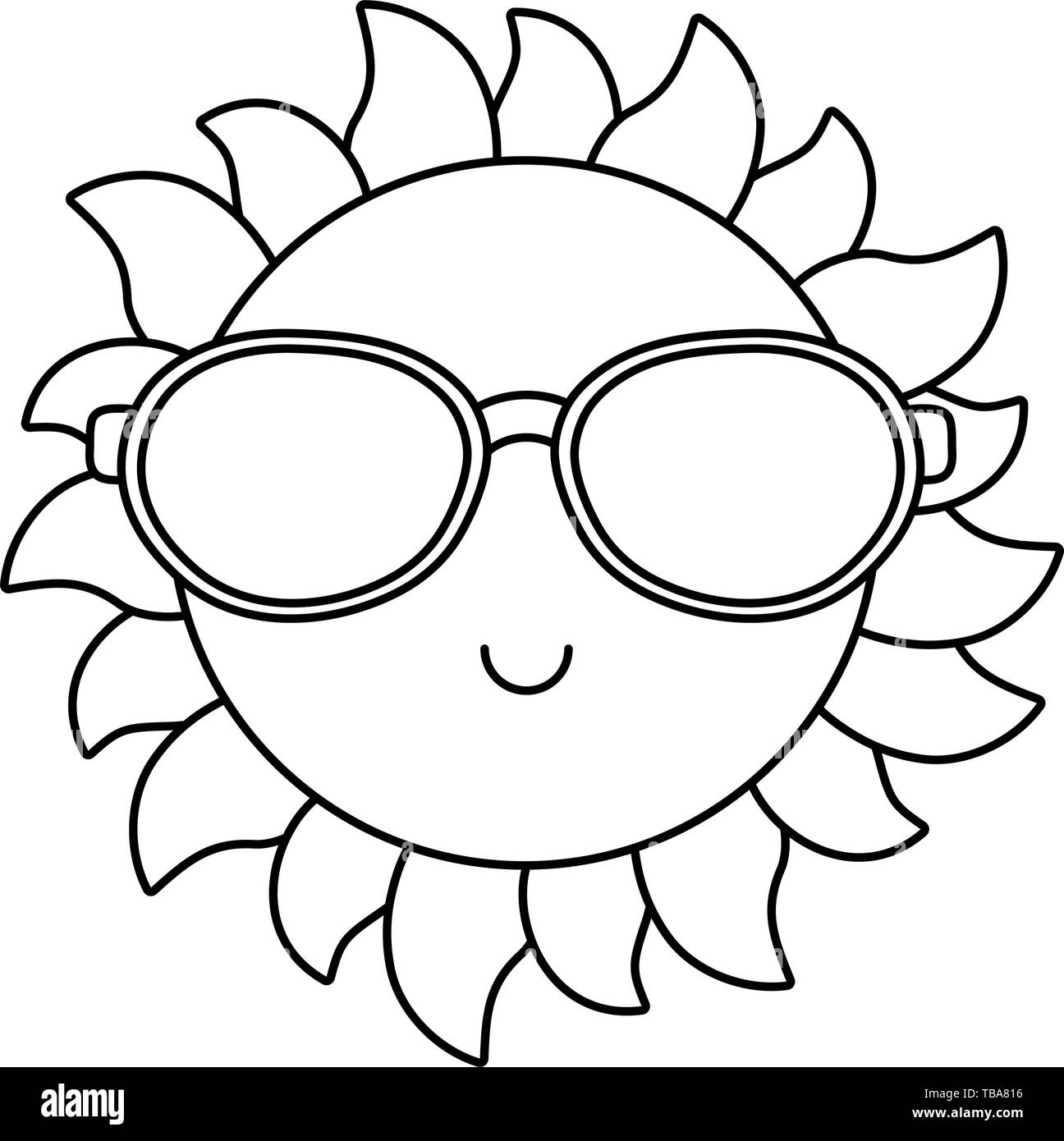 Happy Sun Cartoon With Sunglasses Isolated Vector Illustration Editable Design In Black And