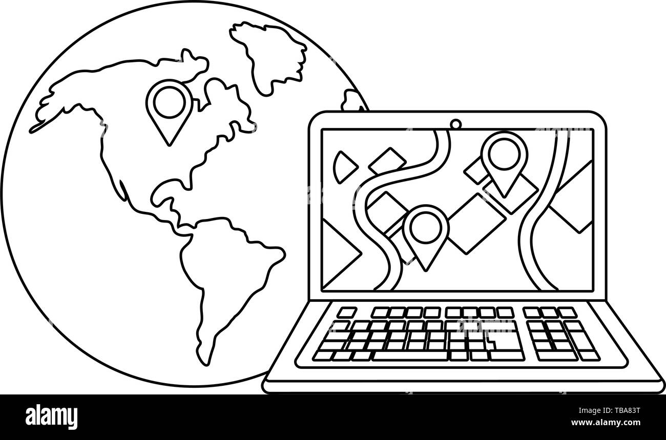 laptop showing map with location pointers and globe vector illustration ...