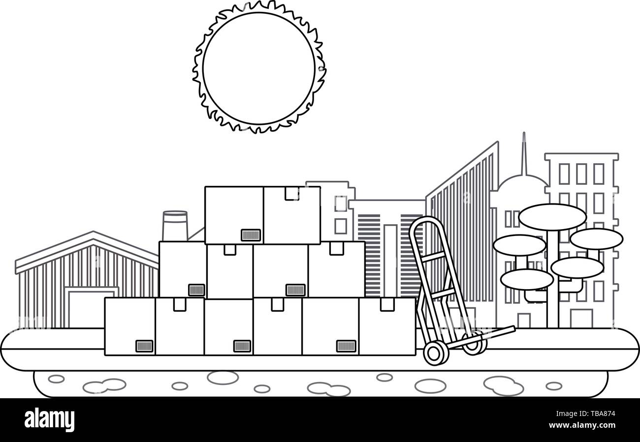boxes with pushcart in industrial landscape vector illustration graphic ...