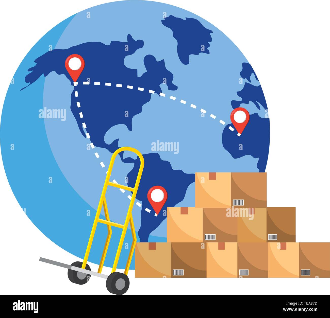 globe with pushcart and boxes vector illustration graphic design Stock ...