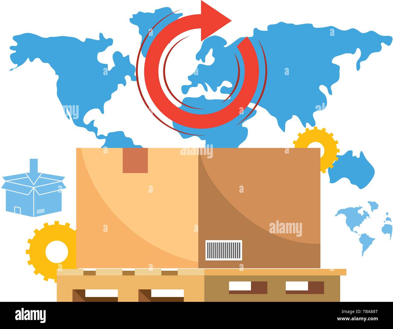 box over pallet with a map and a return arrow vector illustration ...