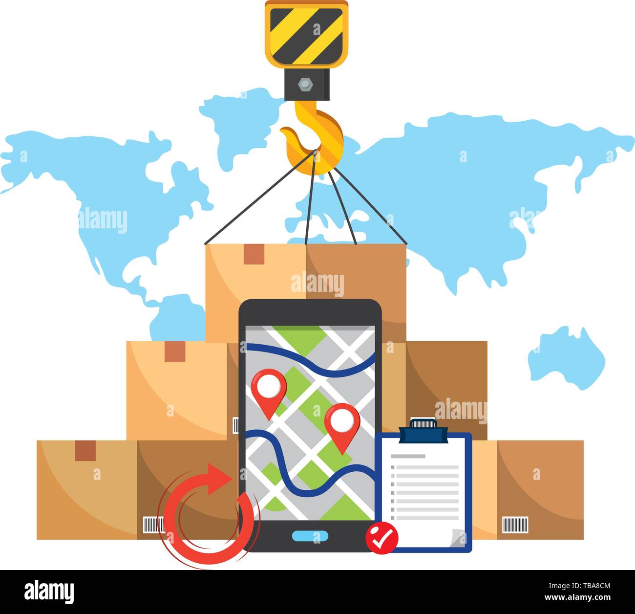 box with crane hook, cellphone with map and location pointer and ...