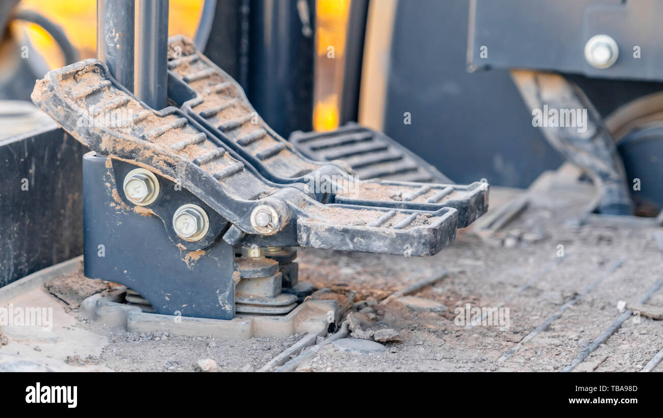 frame Panorama Interior of a construction vehicle with close up on the ...