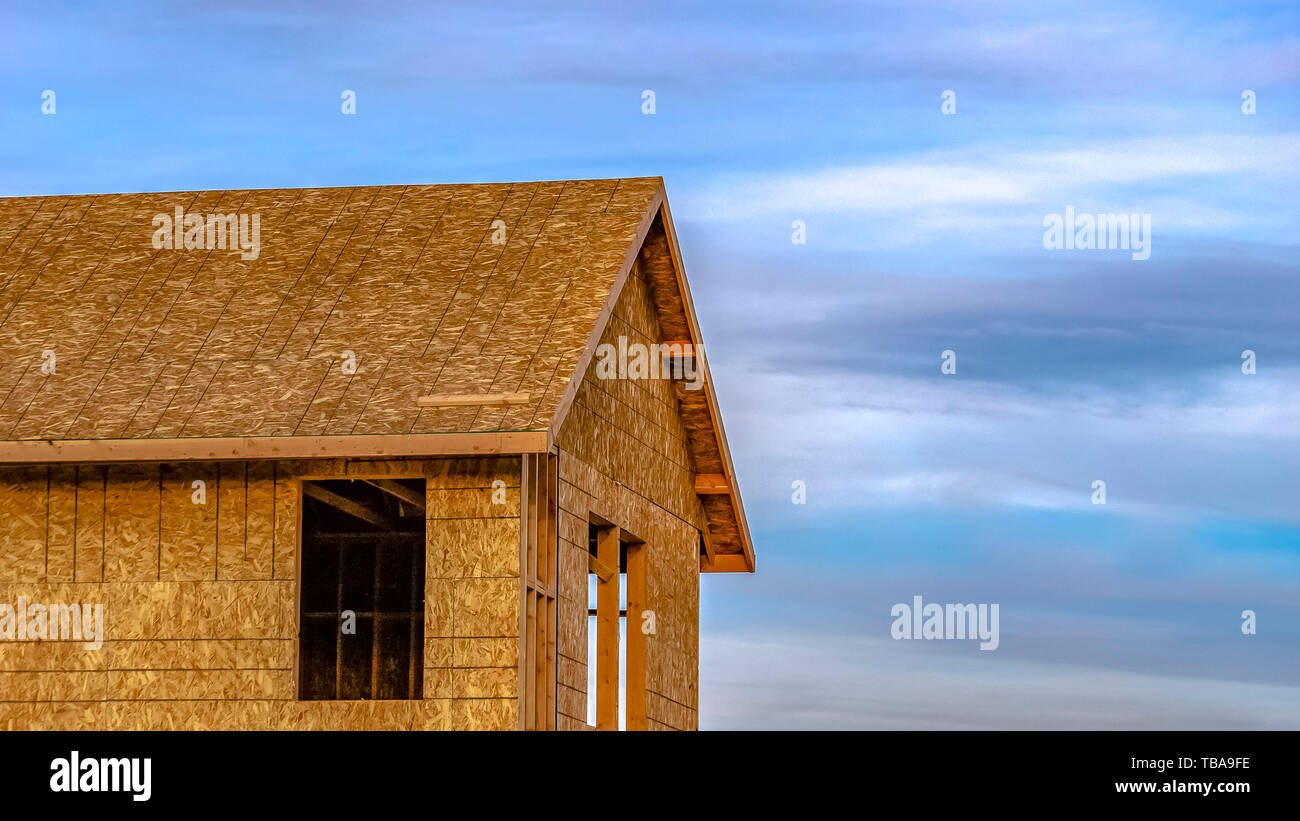 frame Panorama frame View at a construction site of an unfinished house ...