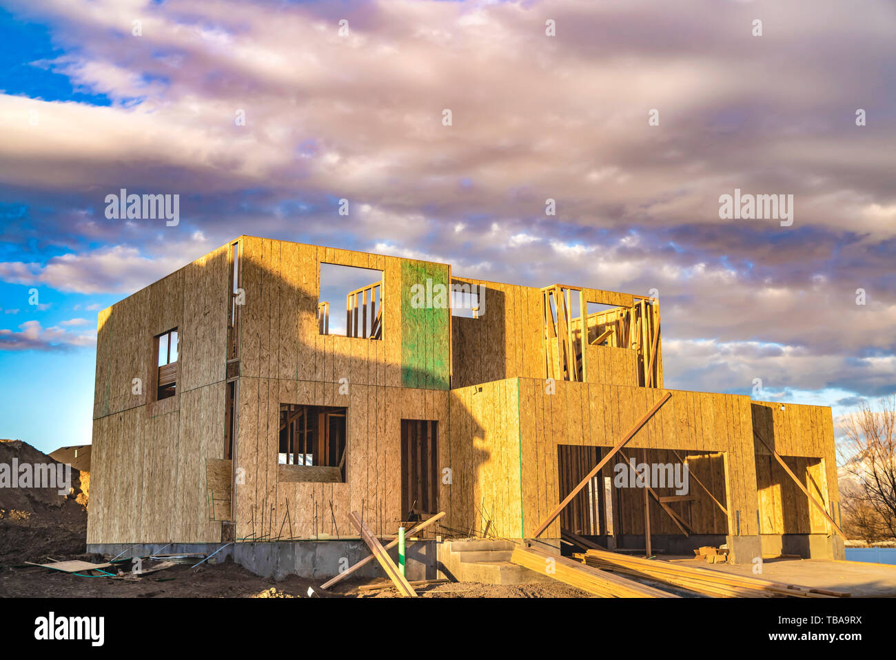 frame Panorama frame Framework of an unfinished house with no roof at a ...