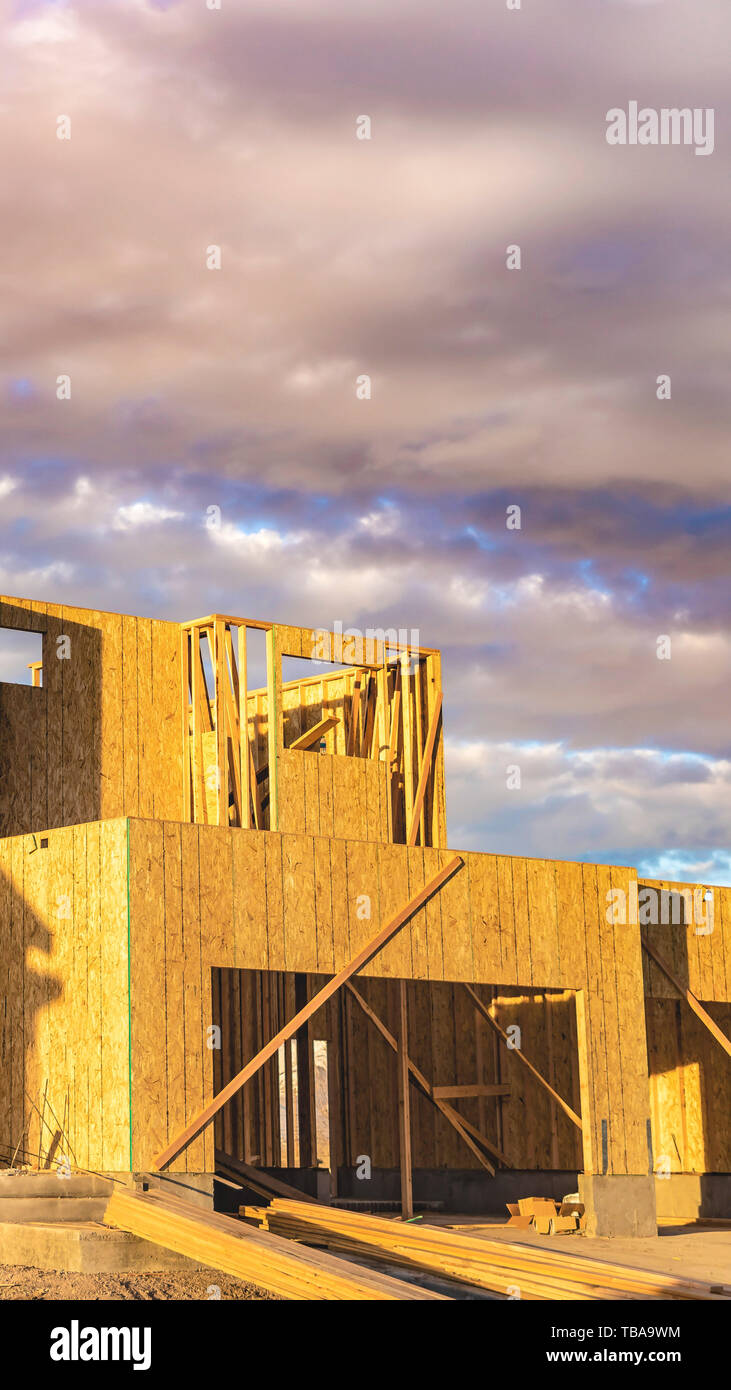 frame Vertical Framework of an unfinished house with no roof at a ...