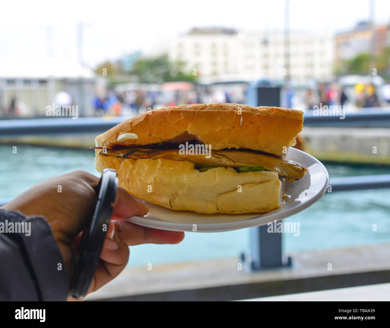 Sandwich with fried fish and vegetables at local restaurant in Istanbul ...