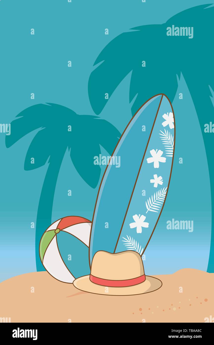 Summer hat with beach ball and surf table cartoons at beach scenery ...