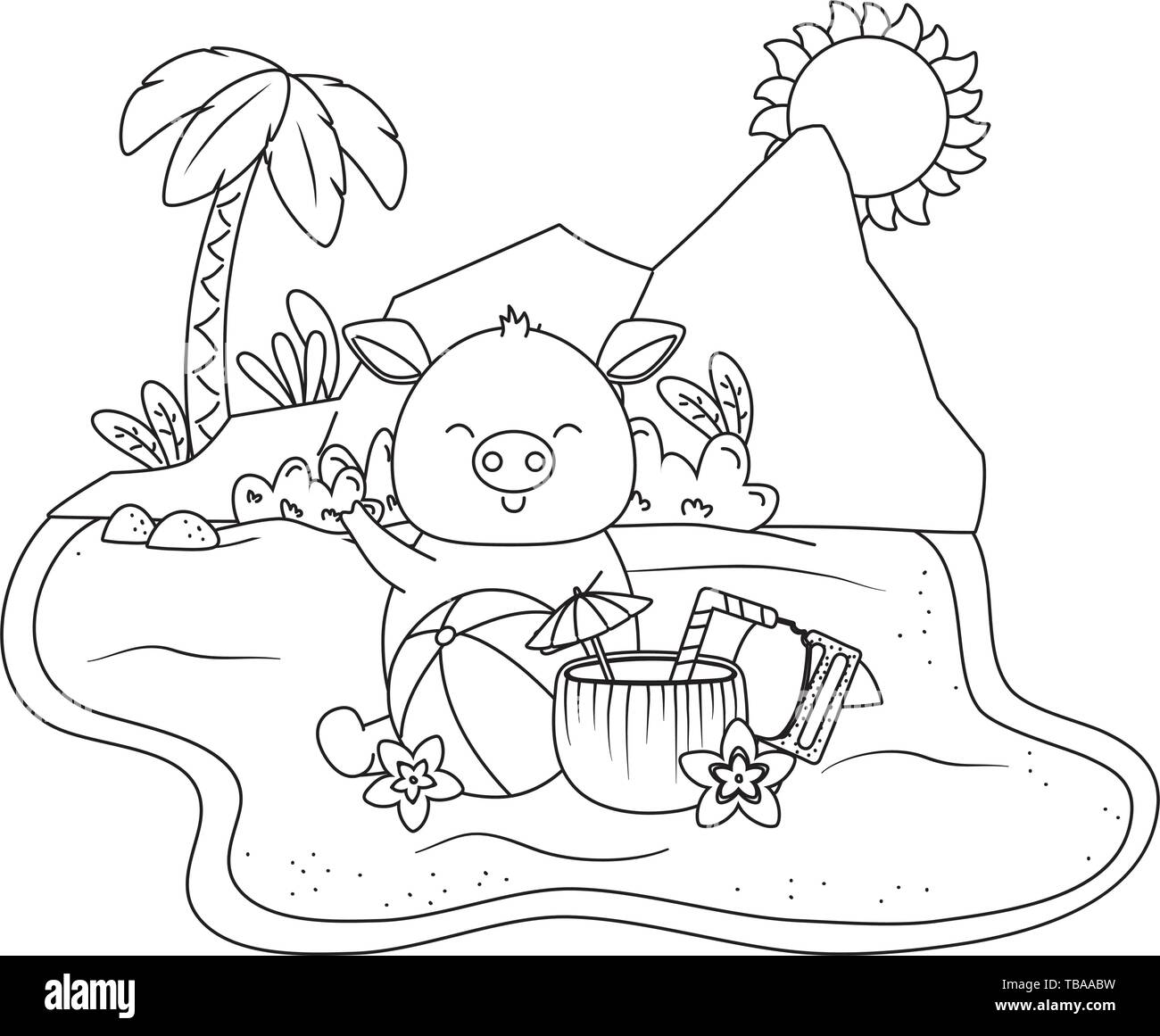 summer vacation relax time cute little happy animal pig at beach scene ...