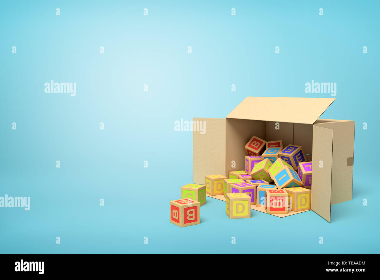 3d rendering of cardboard box lying sidelong full of ABC blocks on ...