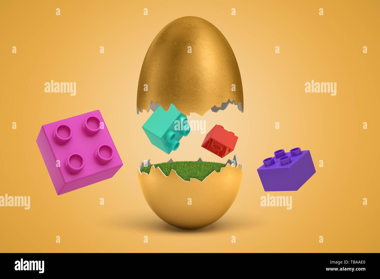 3d rendering of colorful toy bricks flying around broken golden egg ...