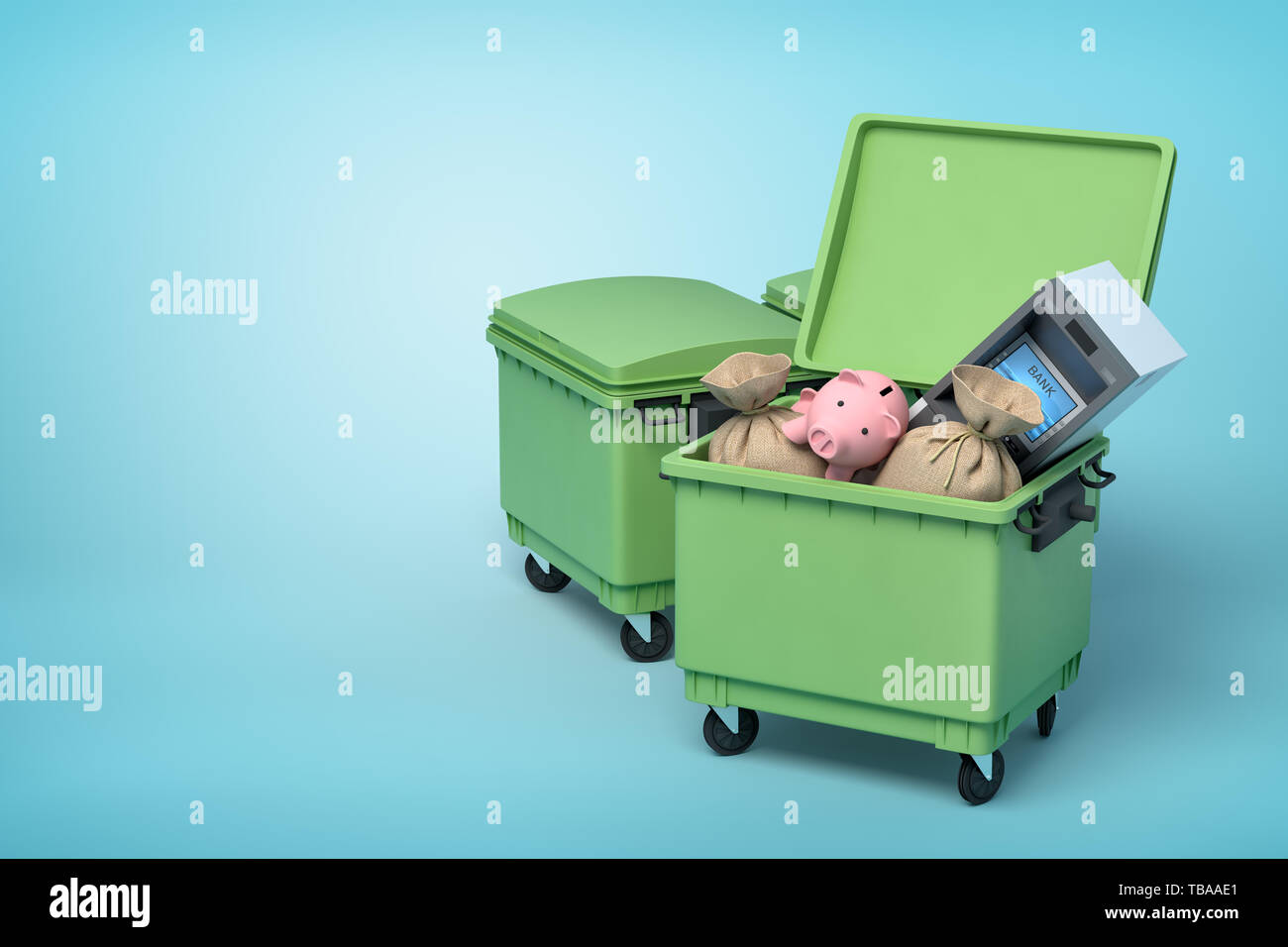 3d rendering of green trash bins with pink piggy bank, atm machine and ...