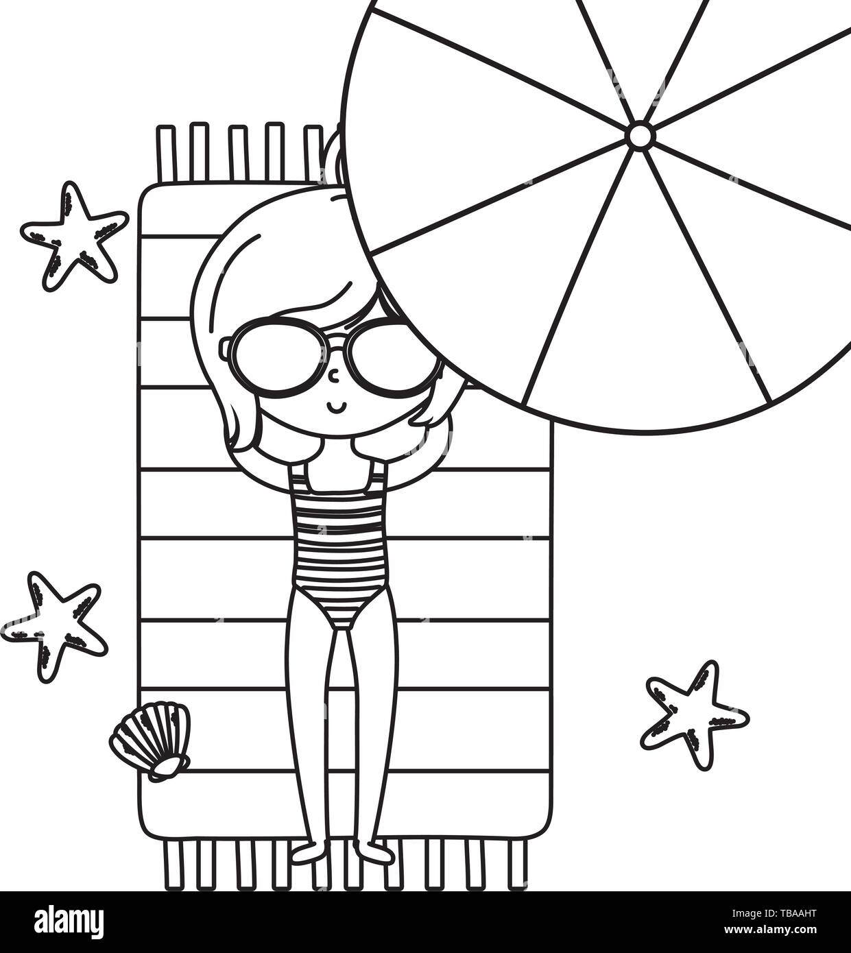 happy girl child sunbathing with sunglasses towel and umbrella cartoon ...
