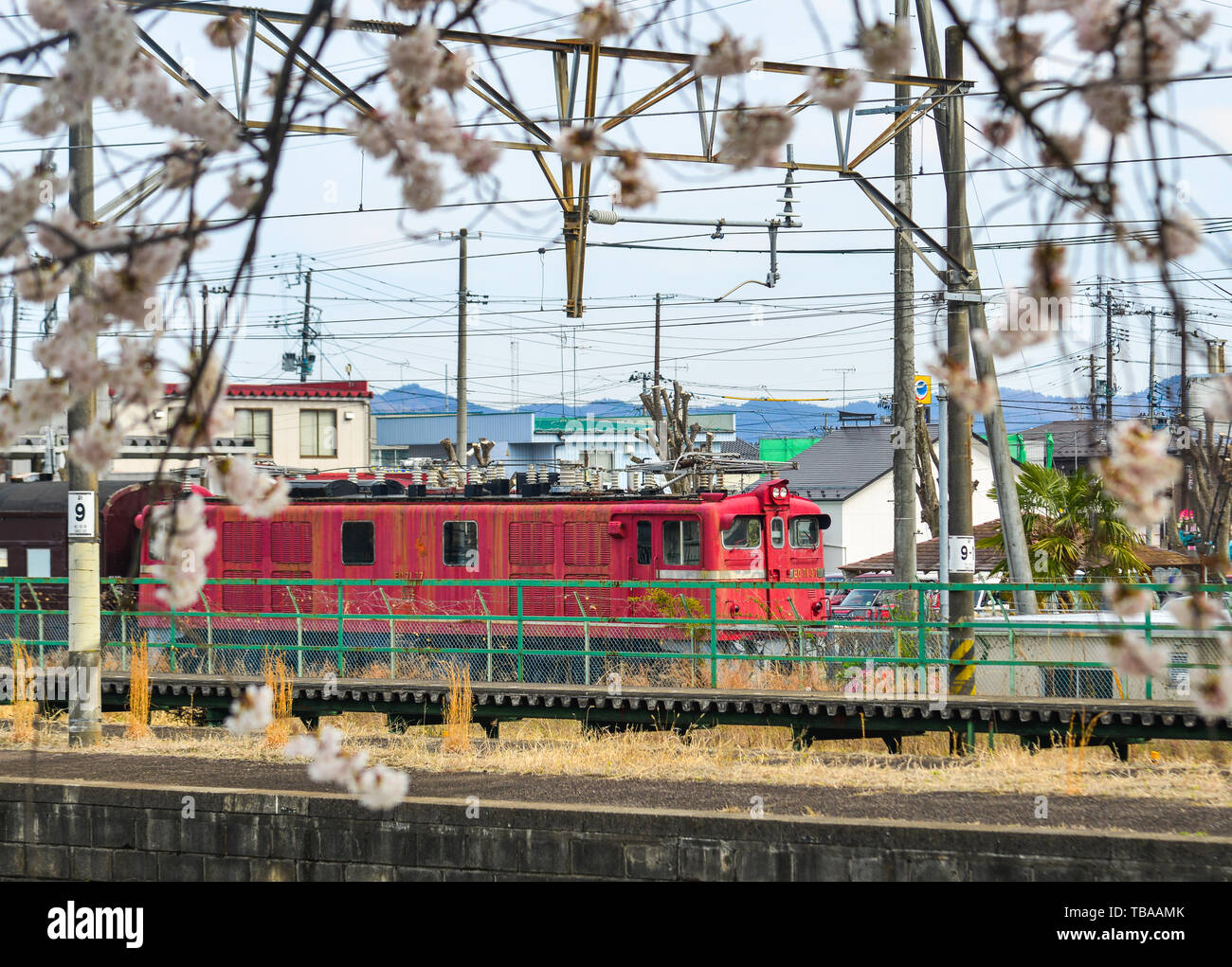 Sendai, Japan - Apr 11, 2019. Ancient train docking at JR Station with ...