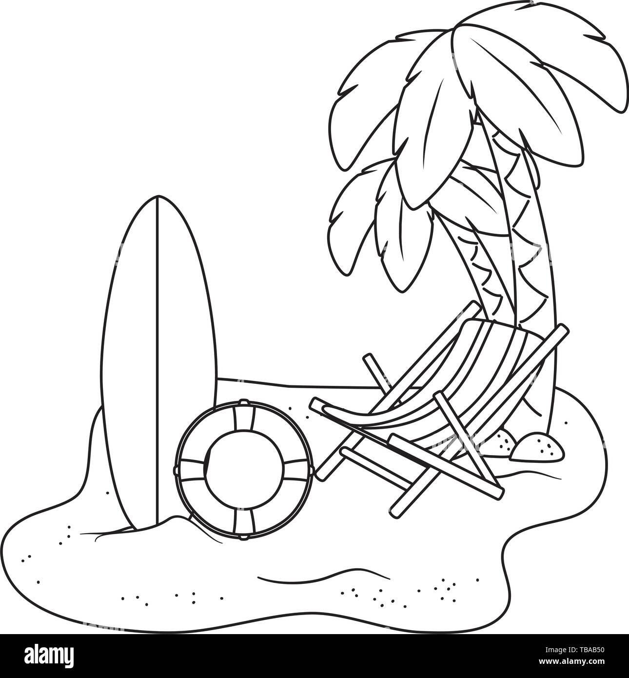 Summer surf table float and sunchair cartoons at beach with palms ...