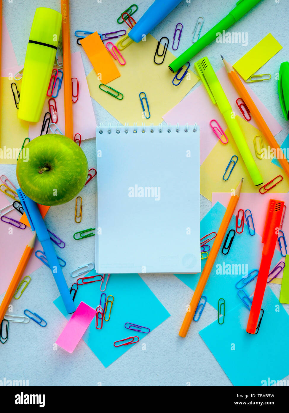 Collection of colorful school supplies over a white background Stock ...