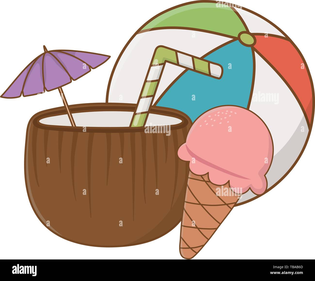 Summer coconut cocktail with ice cream and beach ball cartoons vector ...
