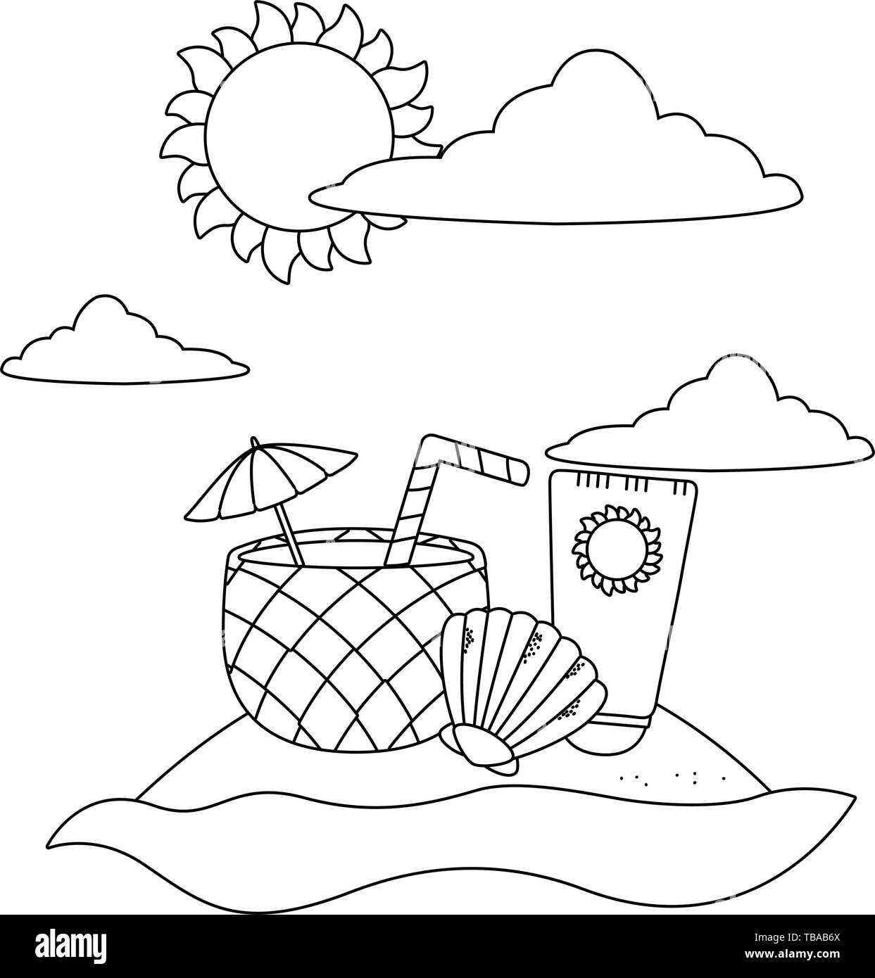 beach with drink sunscreen and shell cartoon summer and travel vector ...