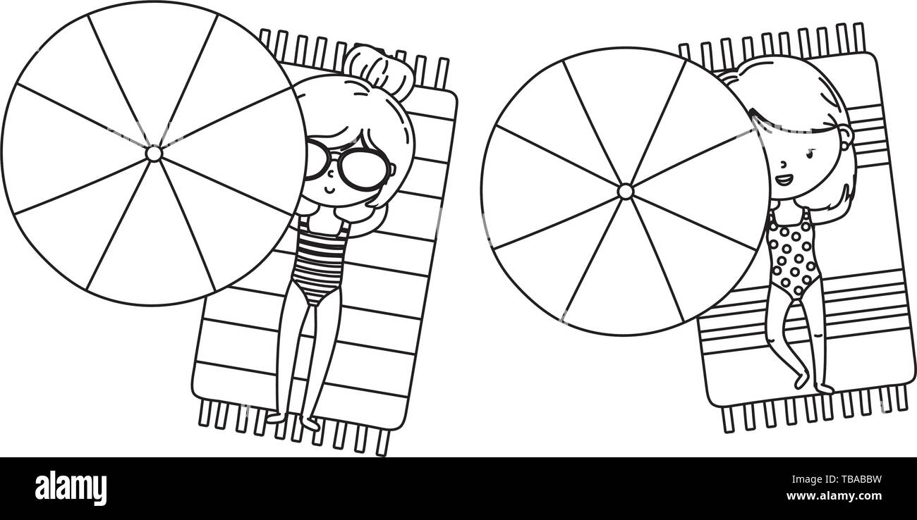 happy girls child sunbathing with sunglasses towel and umbrella cartoon ...