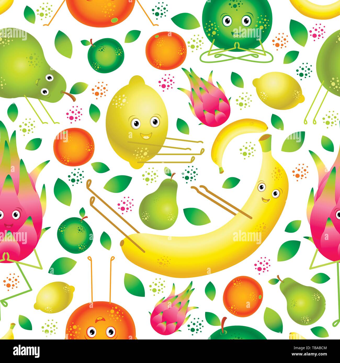 Vegan Yoga. Fruits do yoga. Seamless pattern. Banana, lemon, orange ...