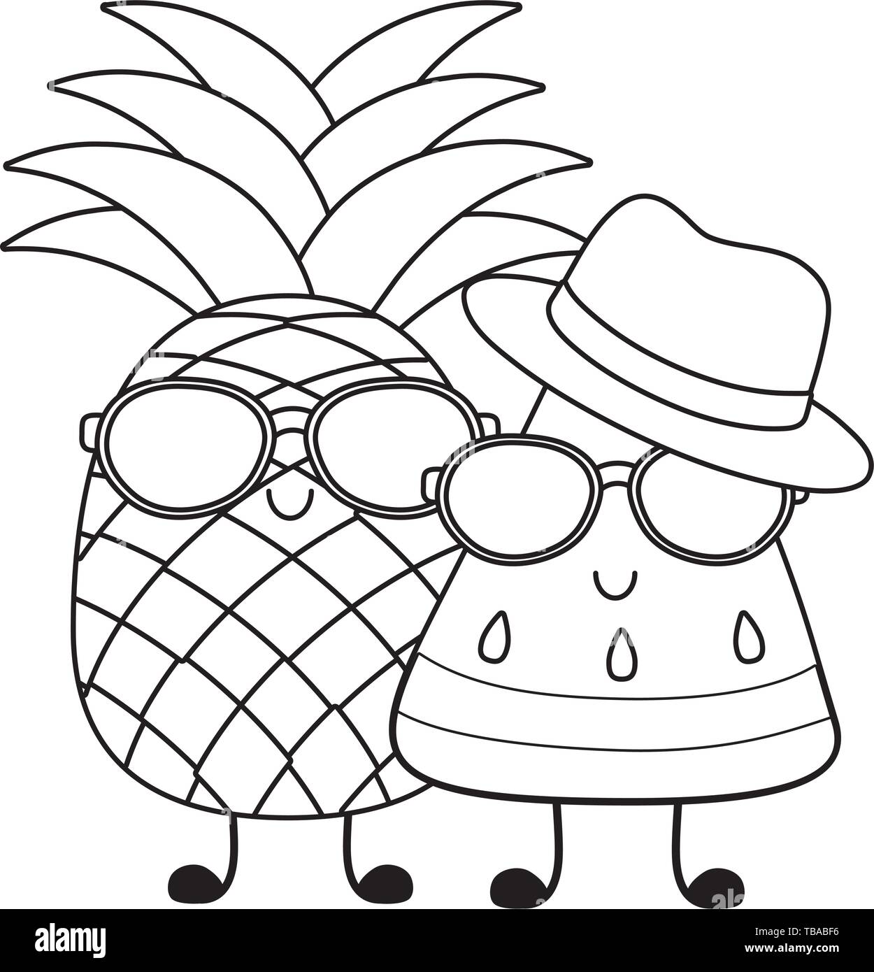 Summer fruits watermelon and pineapple with sunglasses and hat cartoons ...