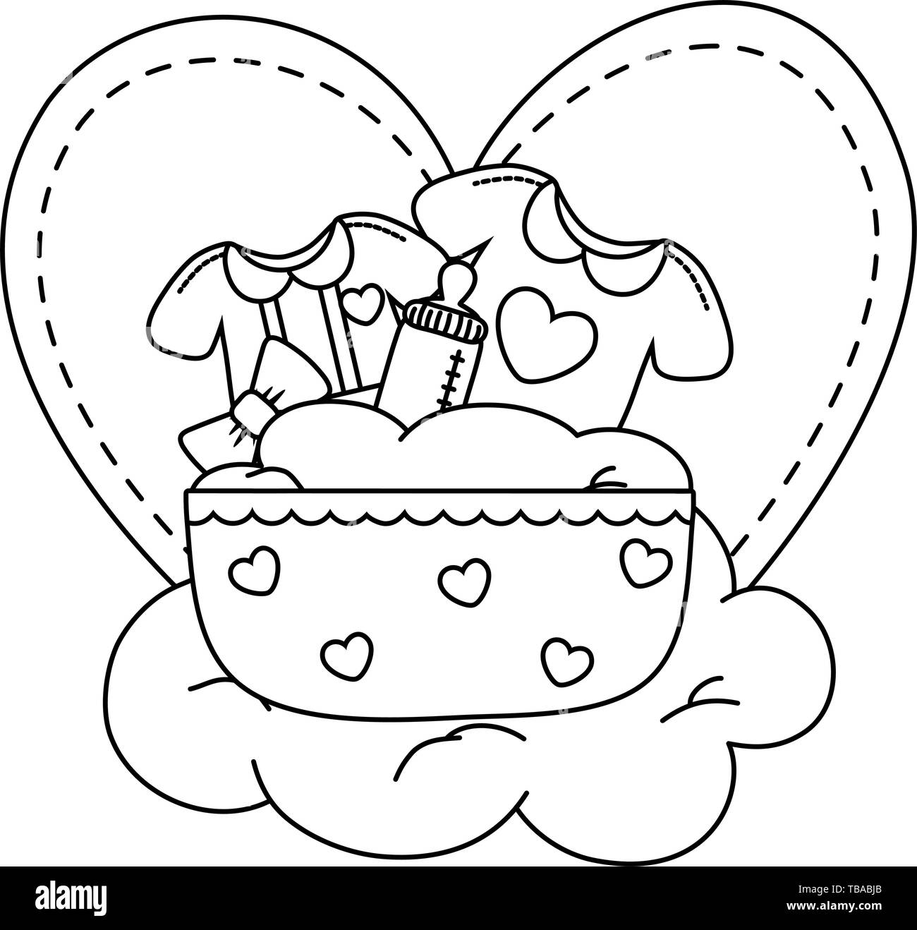 cradle with baby clothes over a cloud and heart behind vector ...