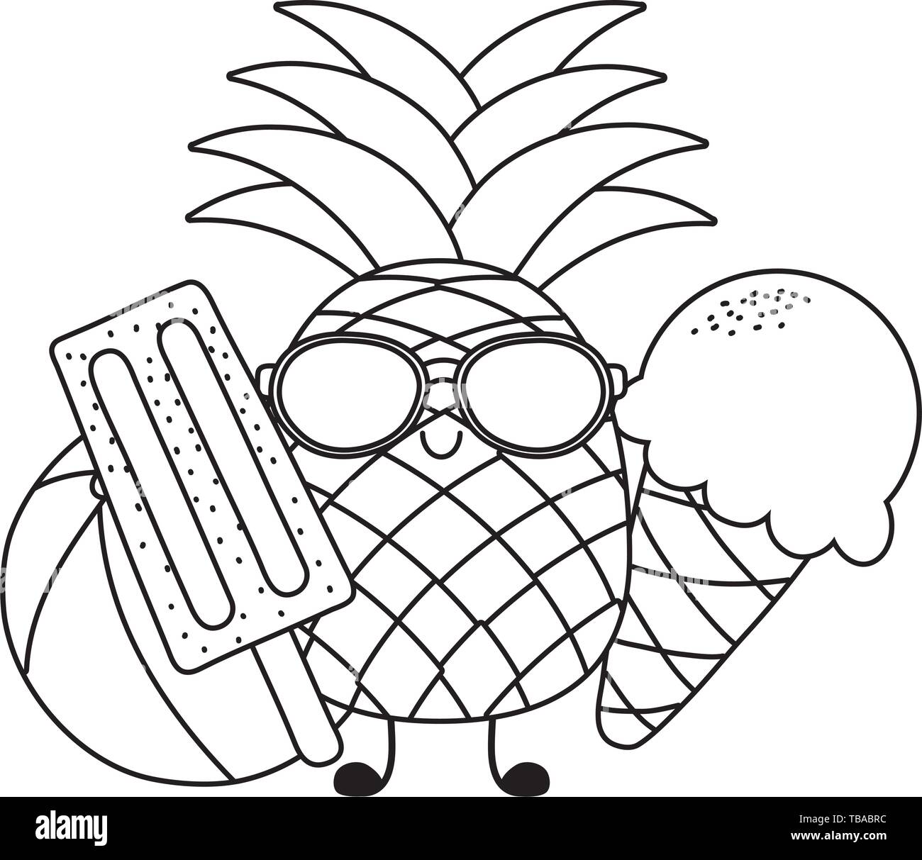 Summer pineapple with sunglasses ice cream and popsicle cartoons vector ...