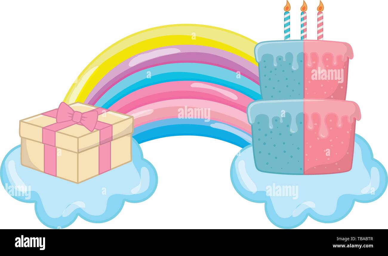 birthday cake with candles lit on it and gift box with ribbon and bow ...