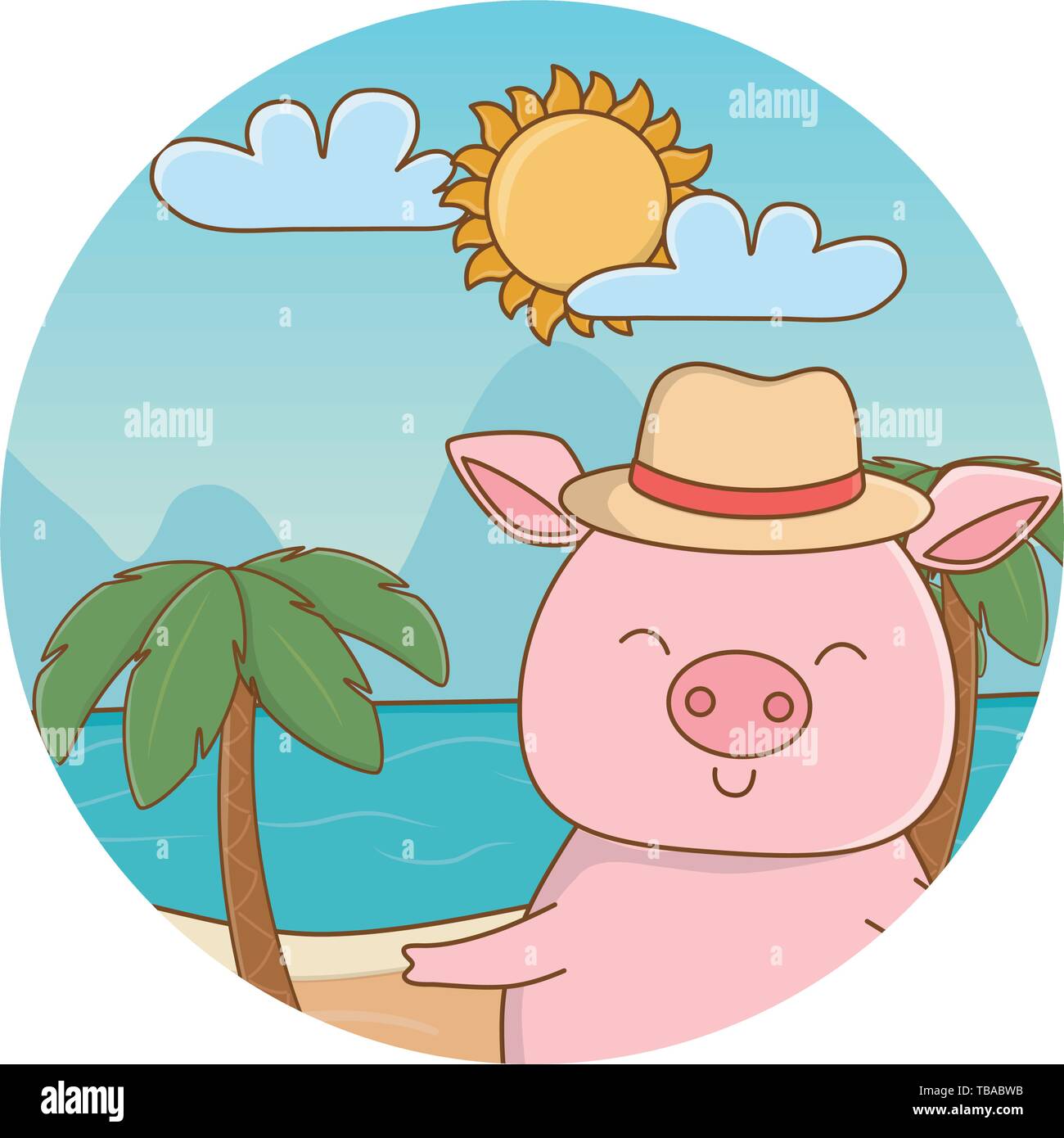 cute animal pig enjoying vacations and summer time, travel and relax ...