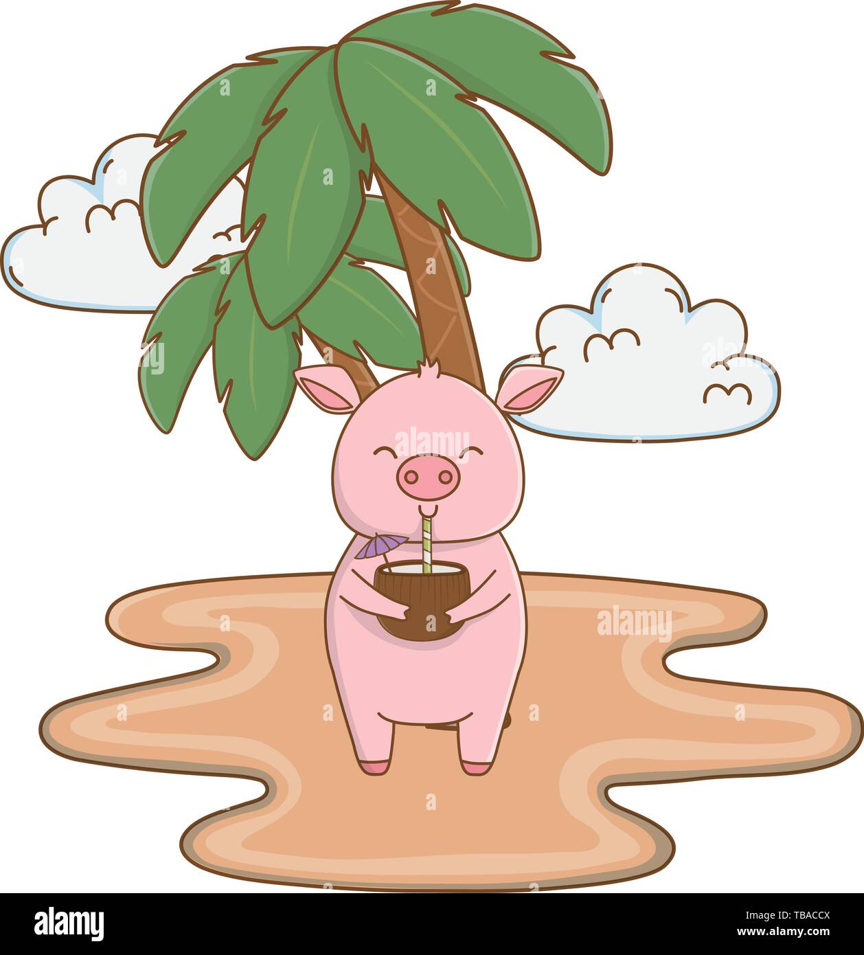 summer vacation relax time cute little happy animal pig with coconut at ...