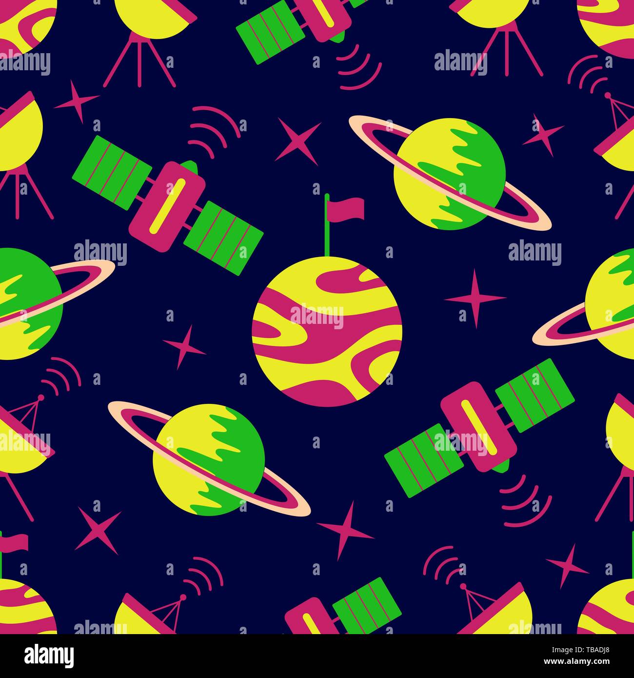 Seamless vector pattern with planets, Saturn, stars, orbital station ...