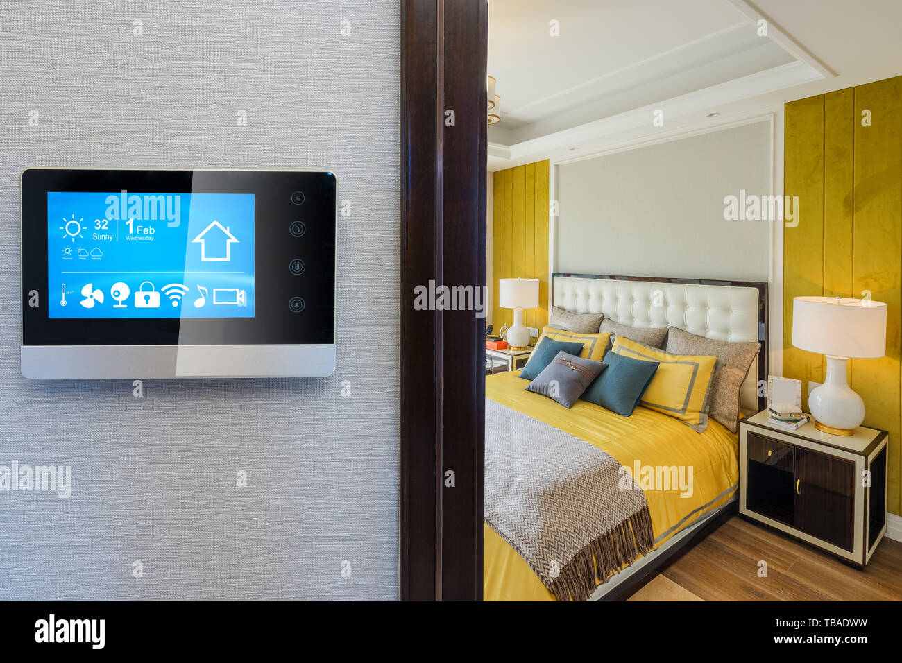 smart screen with smart home with modern bedroom Stock Photo - Alamy