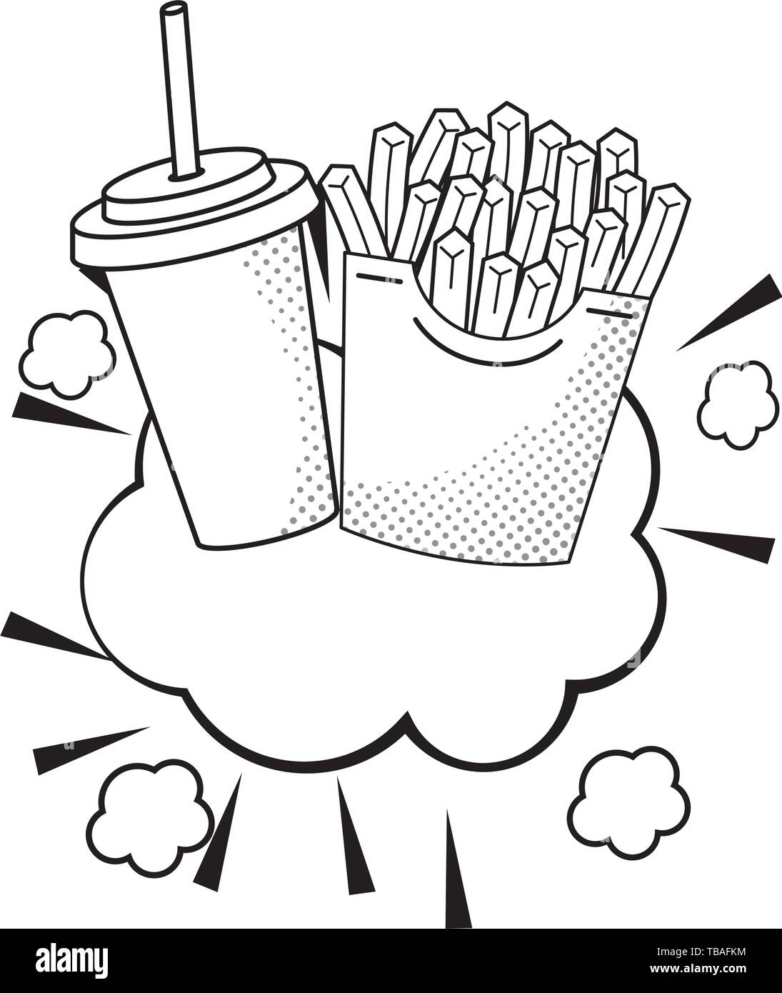 french fries with soda paper cup and straw pop art black and white ...