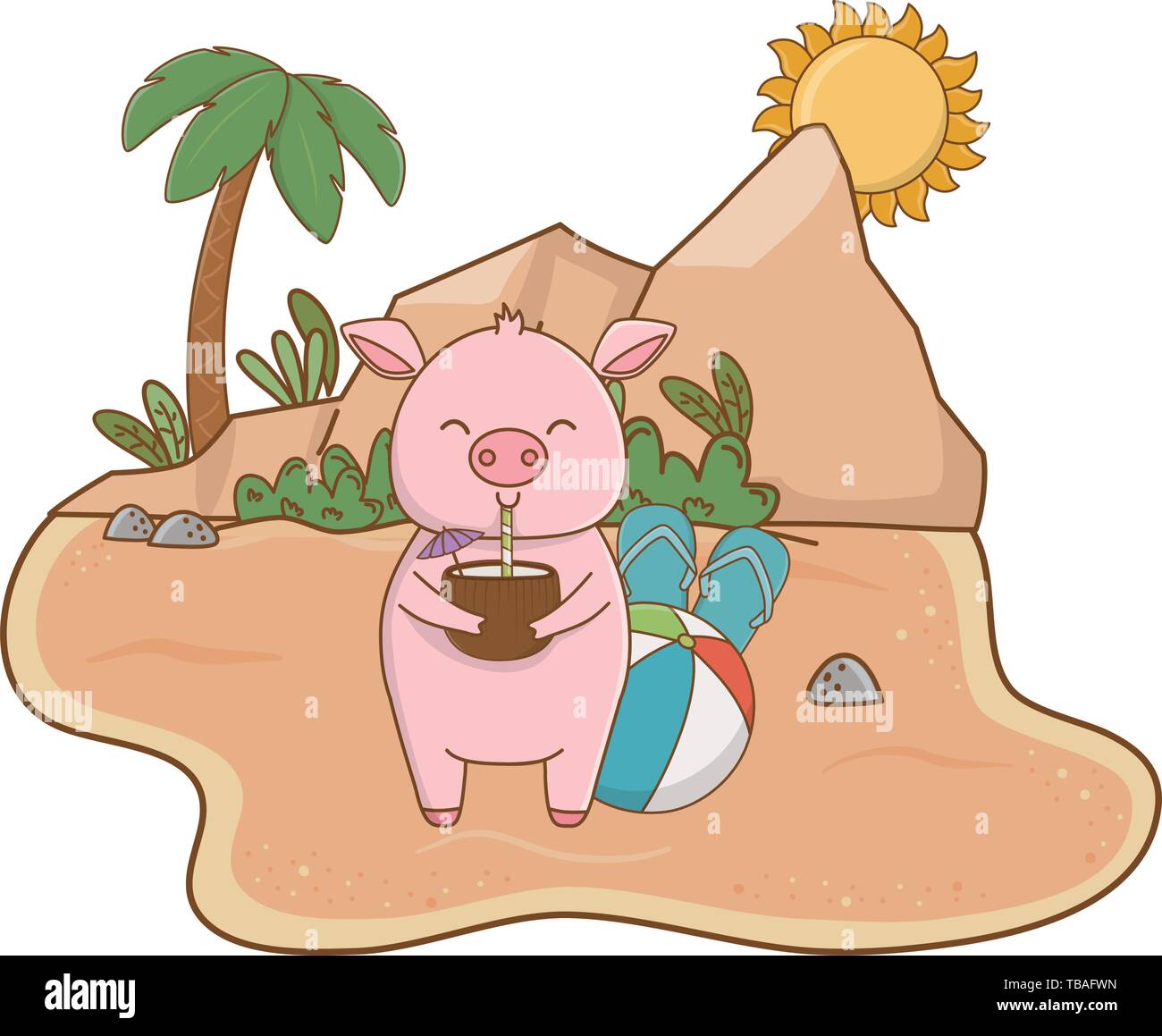summer vacation relax time cute little happy animal pig drinking ...