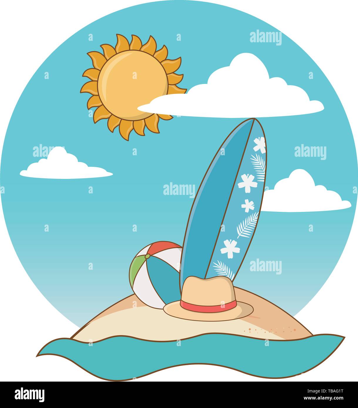 Summer and beach surf table ball and hat cute cartoons vector ...