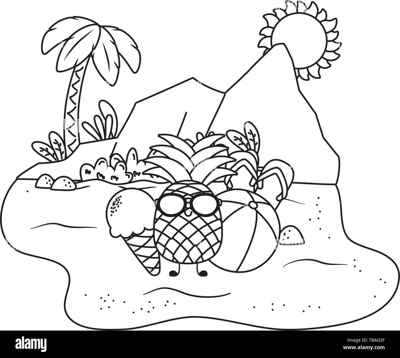 Summer pineapple with sunglasses and ice cream cartoons at beach with ...