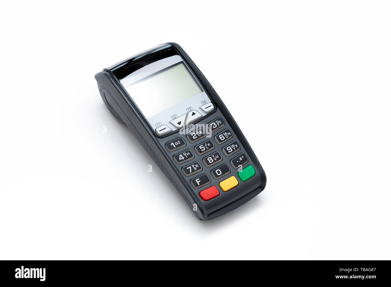 Credit card terminal on white background. Close up of payment device ...