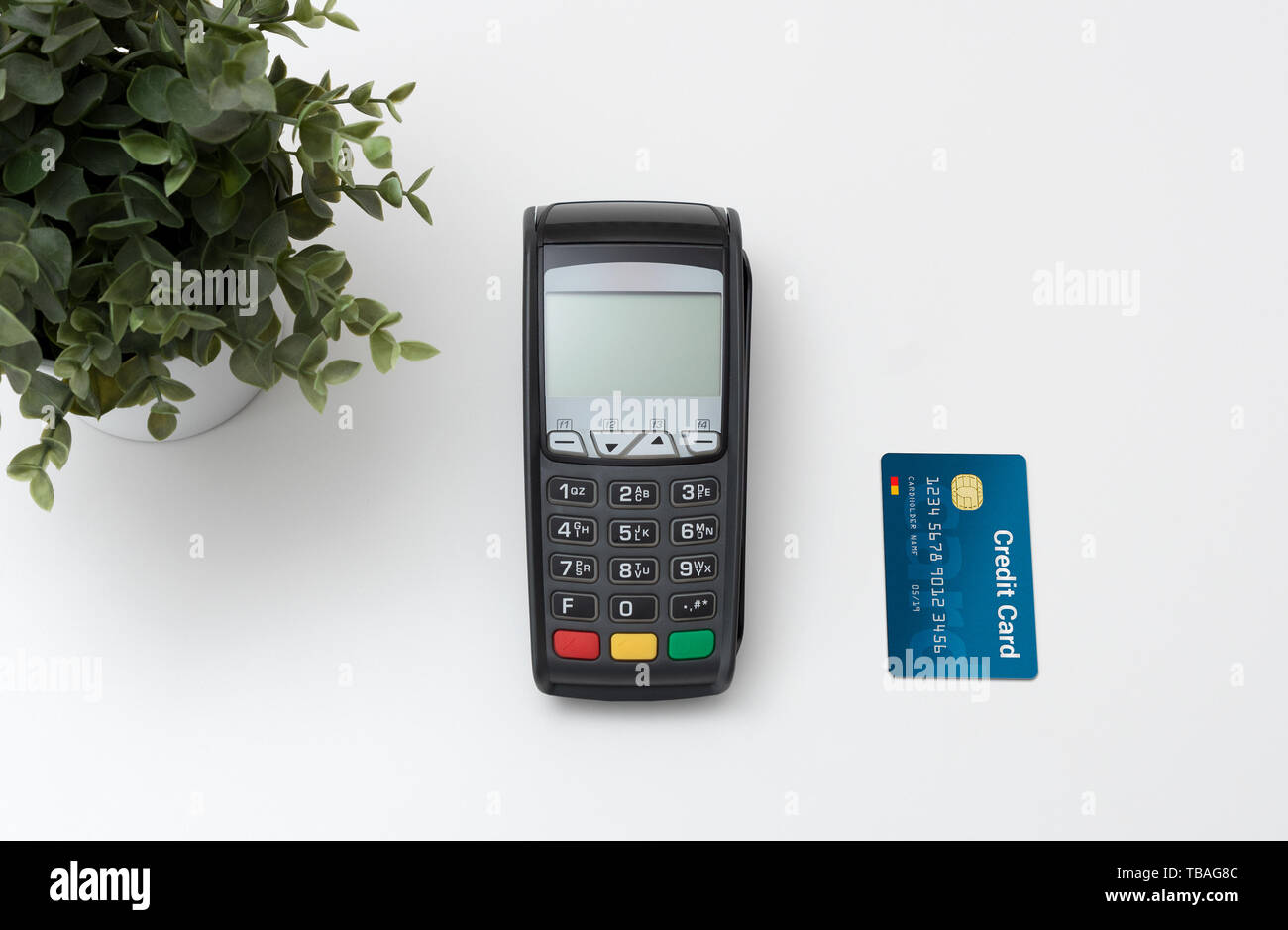 Payment terminal, credit card machine with credit card top view Stock ...