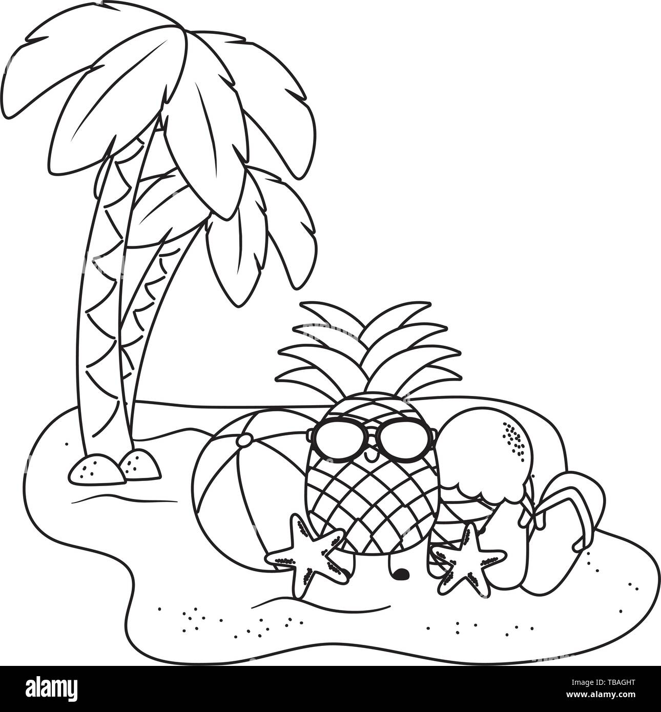 Summer pineapple with sunglasses ice cream and ball at beach with palms ...