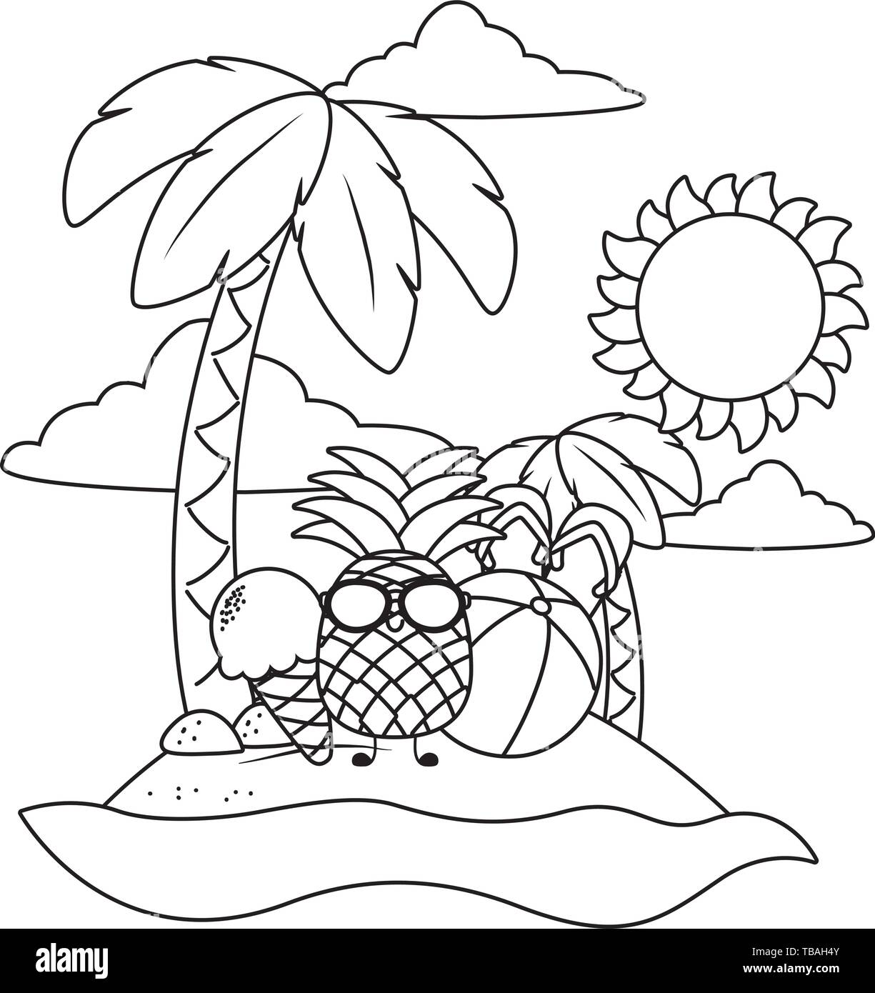 Summer pineapple with sunglasses ice cream and beach ball cartoons ...