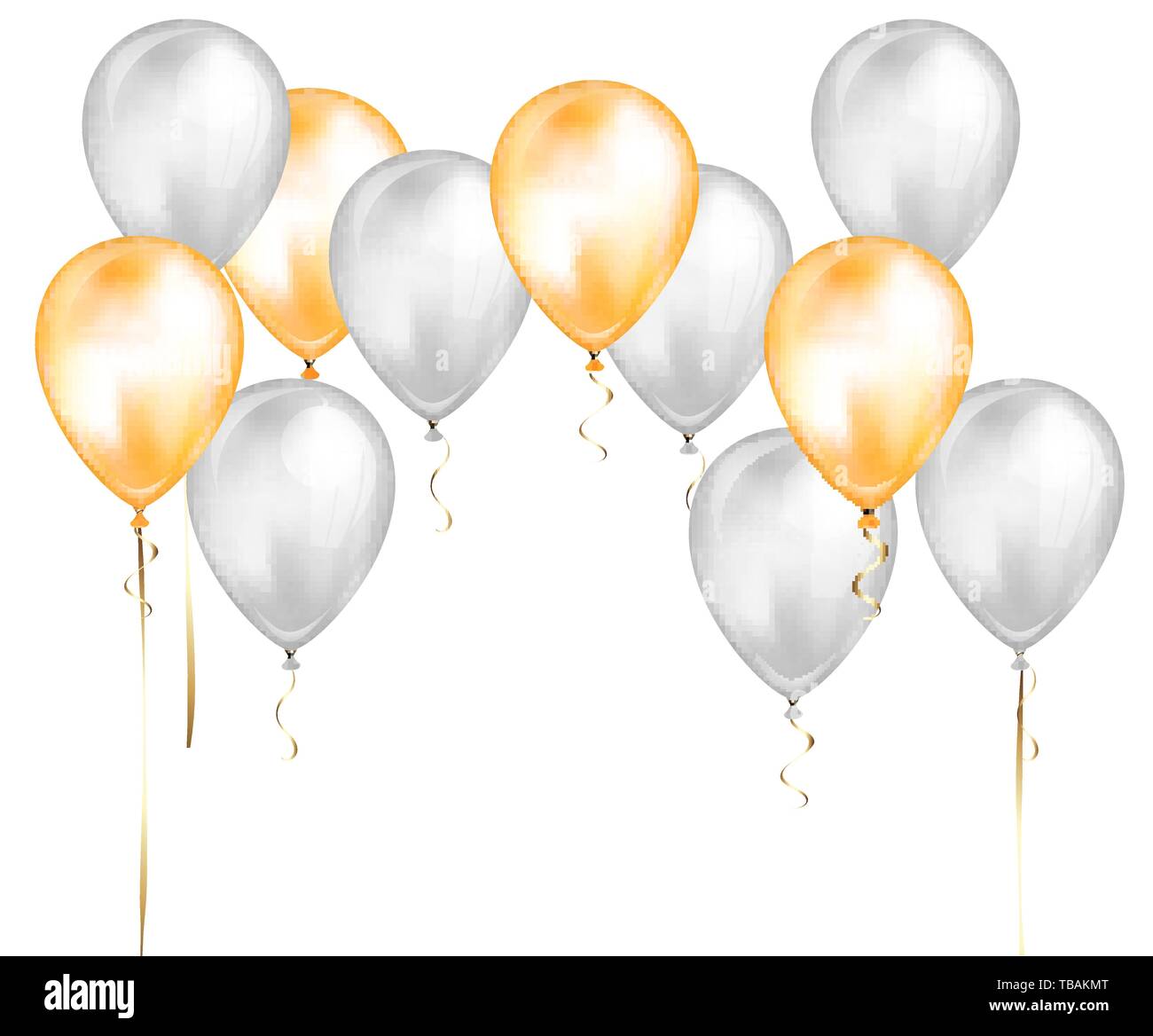 Flying glossy white and yellow shiny realistic 3D helium balloons with ...
