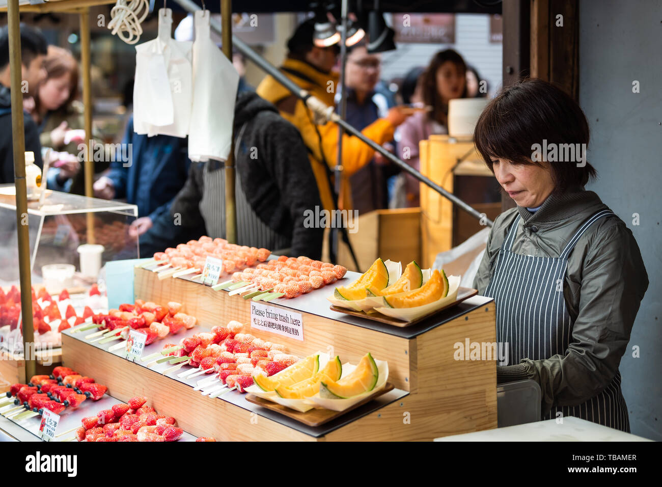 Tokyo, Japan - March 31, 2019: Tsukiji Ginza with many people in market ...