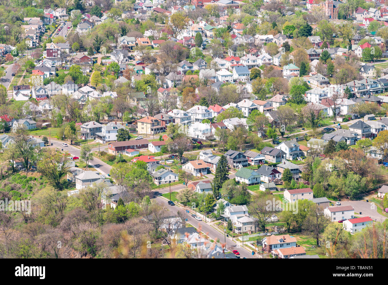 Roanoke, USA aerial high angle bird's eye view of cityscape residential ...