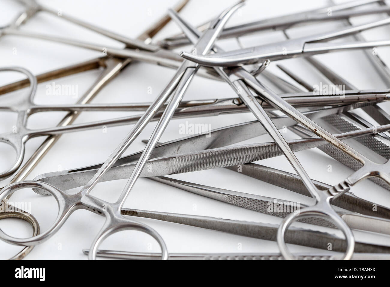 surgical instruments on white isolated background. top view Stock Photo ...