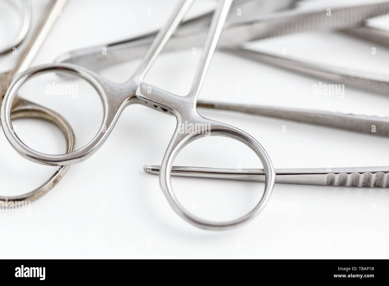 surgical instruments on white isolated background. top view Stock Photo ...