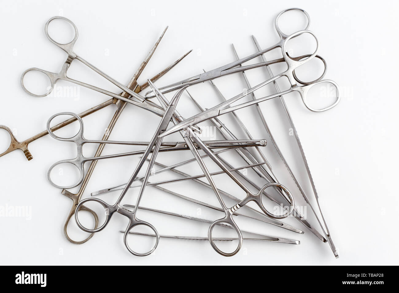 surgical instruments on white isolated background. top view Stock Photo ...