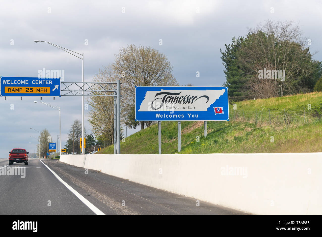 Bristol, USA - April 19, 2018: Welcome Center exit sign on highway in ...