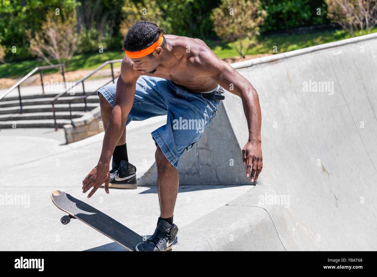 Atlanta, USA - April 20, 2018: Fourth Ward skate park with person in ...